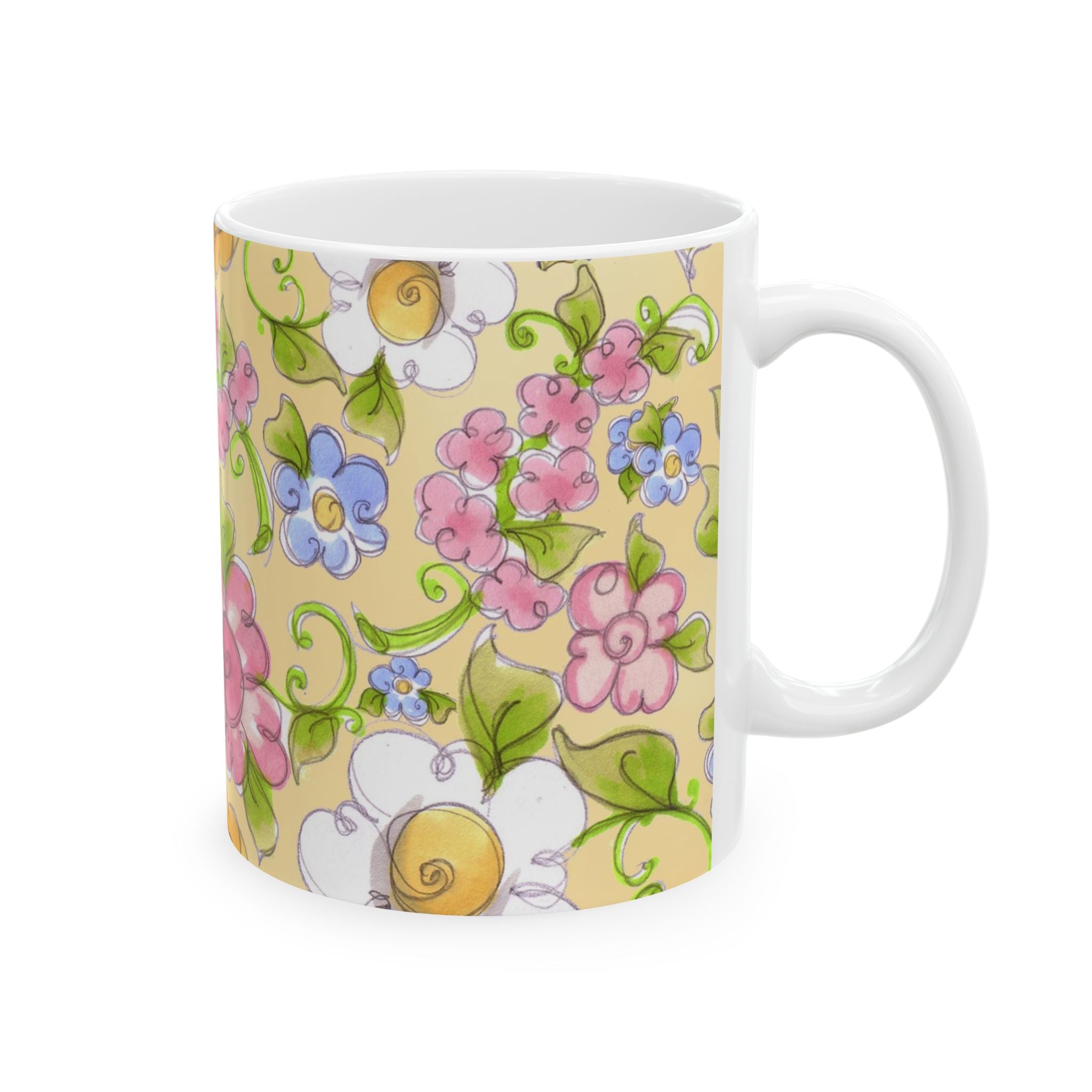 Flower Frolic Yellow Cup – Bright Ceramic Coffee Mug Gift – Loralie Designs